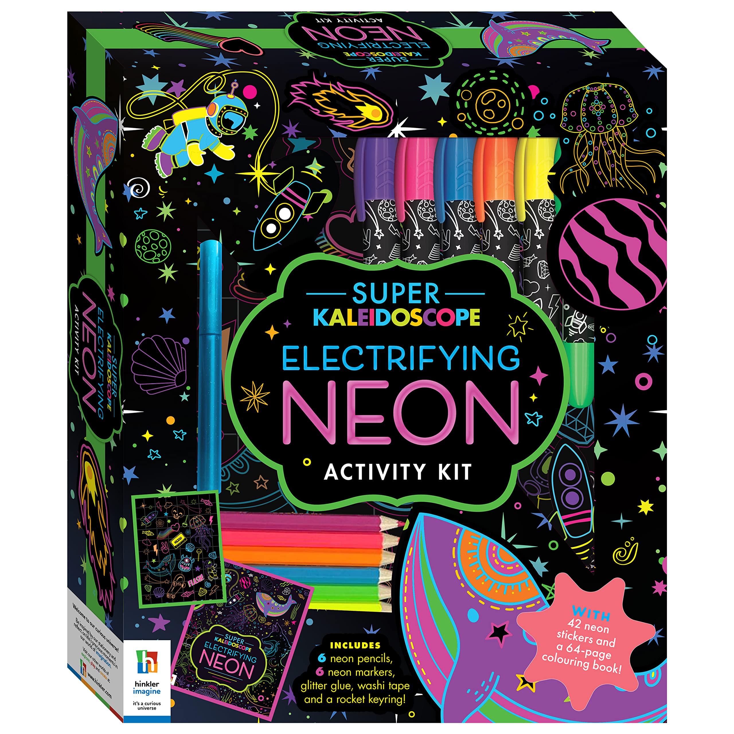 Hinkler Super Kaleidoscope - Electrifying Neon Activity Kit - Space Themed Coloring Book with Neon Stationery and Stickers - Rocket Keyring - Arts and Craft Kits for Kids Aged 6 to 12