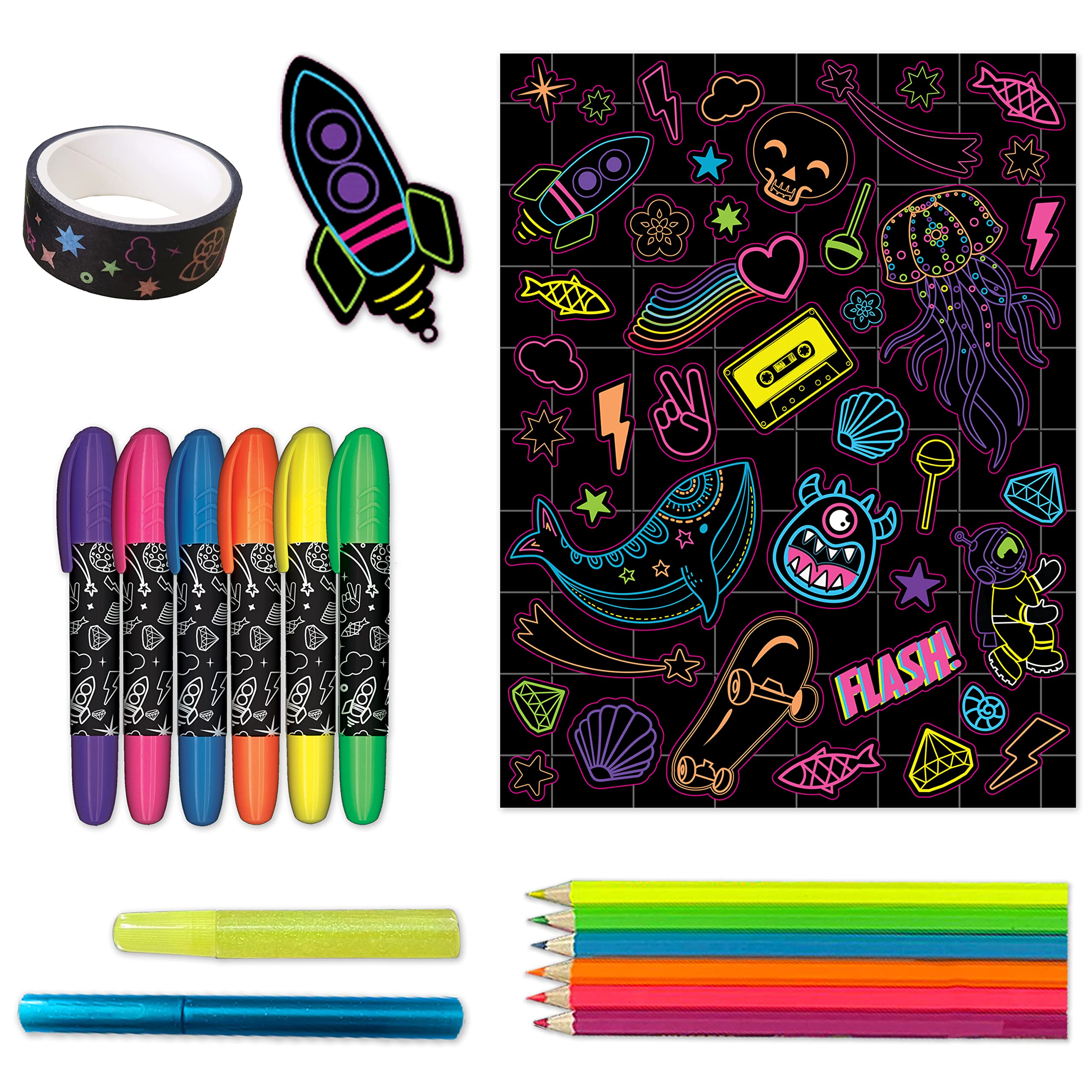 Hinkler Super Kaleidoscope - Electrifying Neon Activity Kit - Space Themed Coloring Book with Neon Stationery and Stickers - Rocket Keyring - Arts and Craft Kits for Kids Aged 6 to 12