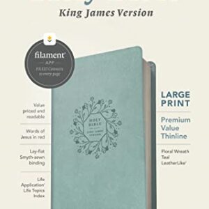 KJV Large Print Premium Value Thinline Bible, Filament Enabled (LeatherLike, Floral Wreath Teal, Red Letter)