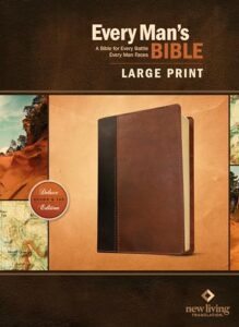 every man's bible: new living translation, large print, tutone (leatherlike, brown/tan) – study bible for men with study notes, book introductions, and 44 charts