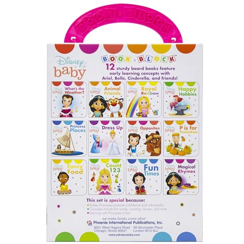 Disney Baby Princess Cinderella, Belle, Ariel, and More! - My First Library Board Book Block 12 Book Set - First Words, Colors, Numbers, and More! - PI Kids