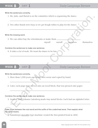 Evan-Moor Daily Language Review, Grade 6 Actvities Homeschooling & Classroom Resource Workbook, Reproducible Worksheets, Teacher Edition, Daily Practice, Skills Assessment, Grammar, Punctuation