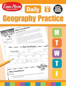 evan-moor daily geography practice, grade 6, homeschooling and classroom resource workbook, reproducible worksheets, teaching edition, downloadable maps, usa, world, continents, oceans, countries