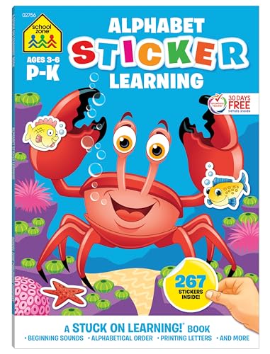 School Zone - Alphabet Stickers Workbook - 64 Pages, Ages 3 to 6, Preschool to Kindergarten, 267 Stickers, ABCs, Printing Letters, Phonics, and More (School Zone Stuck on Learning® Book Series)