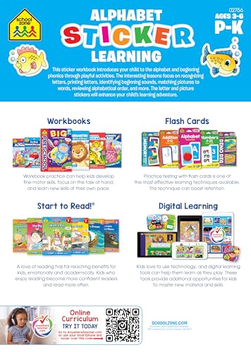 School Zone - Alphabet Stickers Workbook - 64 Pages, Ages 3 to 6, Preschool to Kindergarten, 267 Stickers, ABCs, Printing Letters, Phonics, and More (School Zone Stuck on Learning® Book Series)