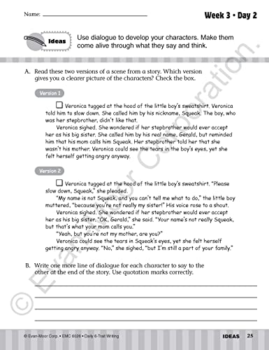 Evan-Moor Daily 6-Trait Writing, Grade 6 Homeschool and Classroom Resource Workbook, Reproducible Worksheets, Teaching Edition, Lesson Plans, Ideas, Organization, Word Choice, Sentence Fluency, Voice