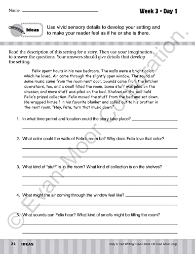 Evan-Moor Daily 6-Trait Writing, Grade 6 Homeschool and Classroom Resource Workbook, Reproducible Worksheets, Teaching Edition, Lesson Plans, Ideas, Organization, Word Choice, Sentence Fluency, Voice