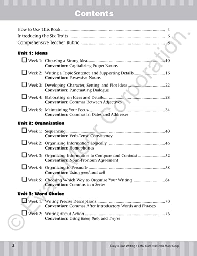 Evan-Moor Daily 6-Trait Writing, Grade 6 Homeschool and Classroom Resource Workbook, Reproducible Worksheets, Teaching Edition, Lesson Plans, Ideas, Organization, Word Choice, Sentence Fluency, Voice