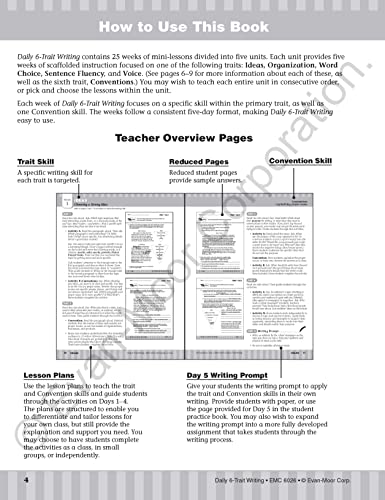 Evan-Moor Daily 6-Trait Writing, Grade 6 Homeschool and Classroom Resource Workbook, Reproducible Worksheets, Teaching Edition, Lesson Plans, Ideas, Organization, Word Choice, Sentence Fluency, Voice