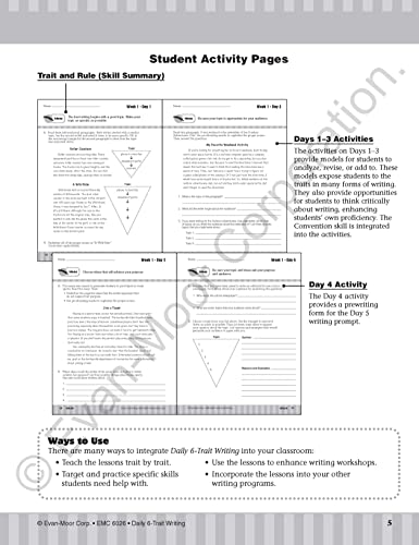 Evan-Moor Daily 6-Trait Writing, Grade 6 Homeschool and Classroom Resource Workbook, Reproducible Worksheets, Teaching Edition, Lesson Plans, Ideas, Organization, Word Choice, Sentence Fluency, Voice