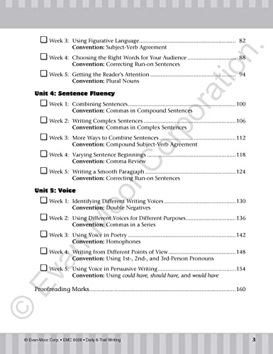 Evan-Moor Daily 6-Trait Writing, Grade 6 Homeschool and Classroom Resource Workbook, Reproducible Worksheets, Teaching Edition, Lesson Plans, Ideas, Organization, Word Choice, Sentence Fluency, Voice