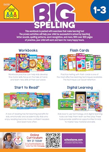 School Zone - Big Spelling Grades 1-3 Workbook - 320 Pages, Ages 6 to 9, 1st Grade, 2nd Grade, 3rd Grade, Letter Sounds, Consonants, Vowels, Puzzles, Games, and More (School Zone Big Workbook Series)