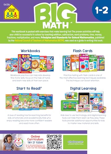 School Zone - Big Math 1-2 Workbook - 320 Pages, Ages 6 to 8, 1st Grade, 2nd Grade, Addition, Subtraction, Word Problems, Time, Money, Fractions, and More (School Zone Big Workbook Series)