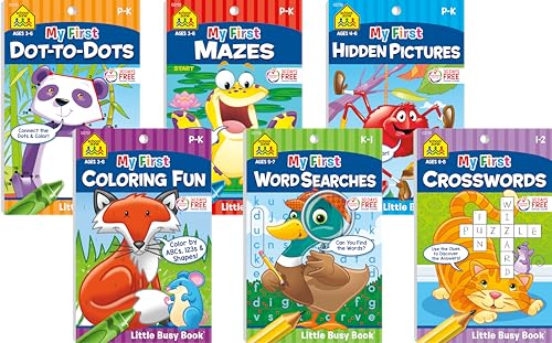 School Zone - My First Activities On-the-Go! 6-Pack Workbook Set - Ages 4+, Preschool to 2nd Grade, Dot-to-Dot, Hidden Pictures, Mazes, Coloring, and More (School Zone Little Busy Book™ Series)