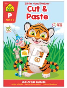 school zone cut & paste skills workbook: little hands helper™ book series for ages 3-5, preschool, kindergarten, scissor cutting, glue, stickers, counting, puzzles, and more