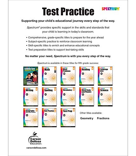 Spectrum 5th Grade Test Practice Workbooks All Subjects, Ages 10 to 11, 5th Grade Test Practice, Language Arts, Reading Comprehension, Vocabulary, Writing and Math Reproducible Book - 160 Pages