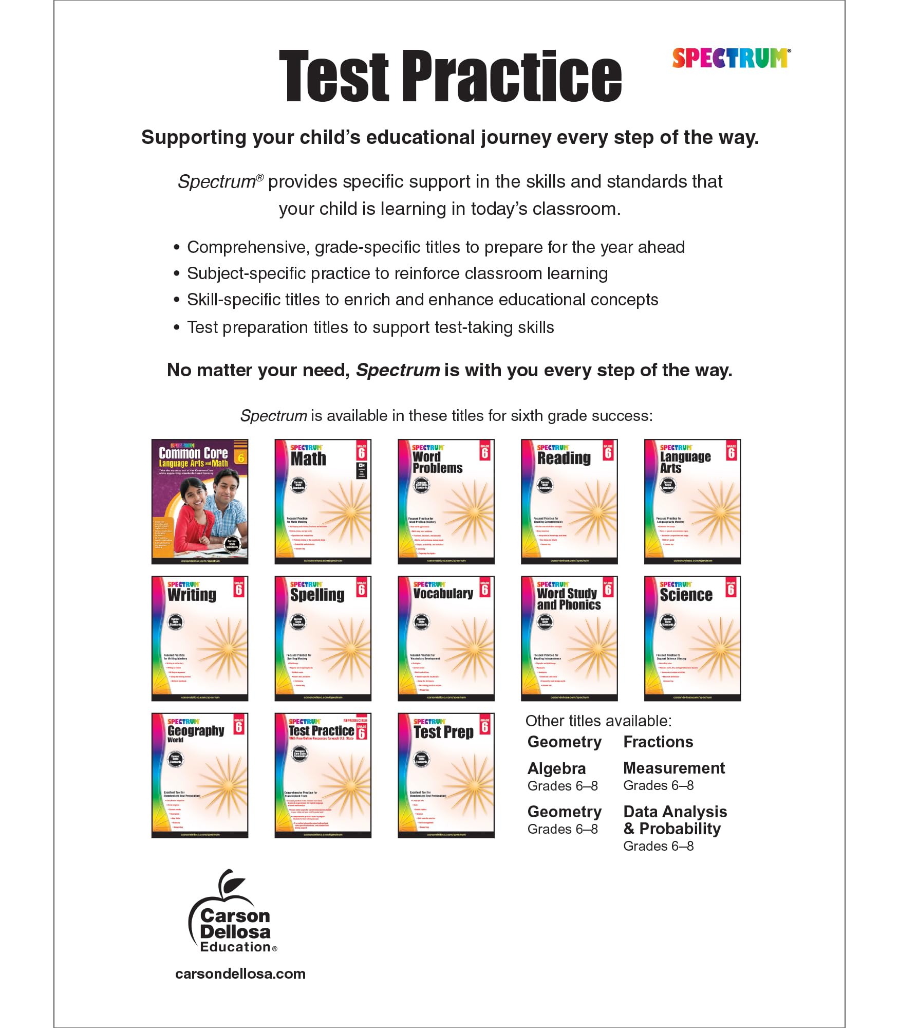 Spectrum Grade 6 Test Practice Workbooks, Ages 10 to 11, Math, Language Arts, and Reading Comprehension 6th Grade Test Practice, Reproducible Book, Vocabulary, Writing, and Math Practice - 160 Pages