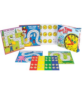 carson dellosa what time is it? judy clock teaching time board game, 4 educational games for telling time, kindergarten and elementary board games for kids ages 5+