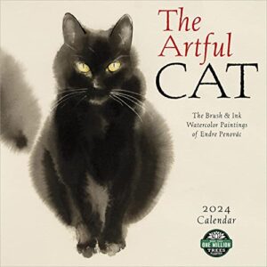 the artful cat 2024 wall calendar: brush & ink watercolor paintings by endre penovac | 12" x 24" open | amber lotus publishing