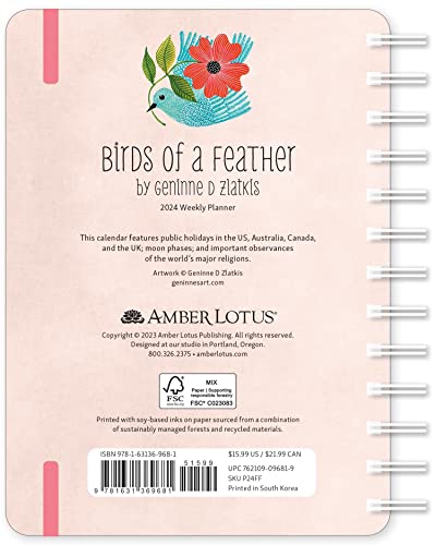 Geninne Zlatkis 2024 Weekly Planner: Birds of a Feather | Travel-Size 12-Month Calendar | Compact 5" x 7" | Flexible Cover, Wire-O Binding, Elastic Closure, Inner Pockets