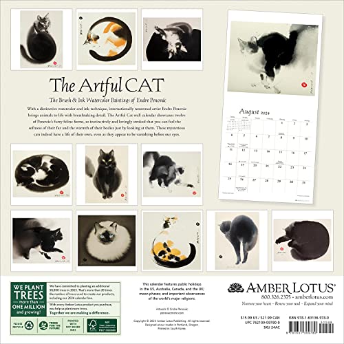 The Artful Cat 2024 Wall Calendar: Brush & Ink Watercolor Paintings by Endre Penovac | 12" x 24" Open | Amber Lotus Publishing