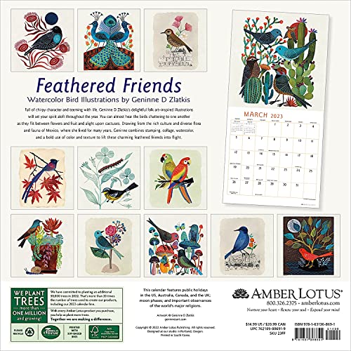 Feathered Friends 2023 Wall Calendar: Watercolor Bird Illustrations by Geninne Zlatkis | 12" x 24" Open | Amber Lotus Publishing