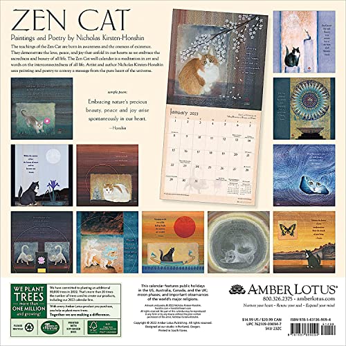 Zen Cat 2023 Wall Calendar | Meditational Art by Nicholas Kirsten-Honshin | 12" x 24" Open | Amber Lotus Publishing