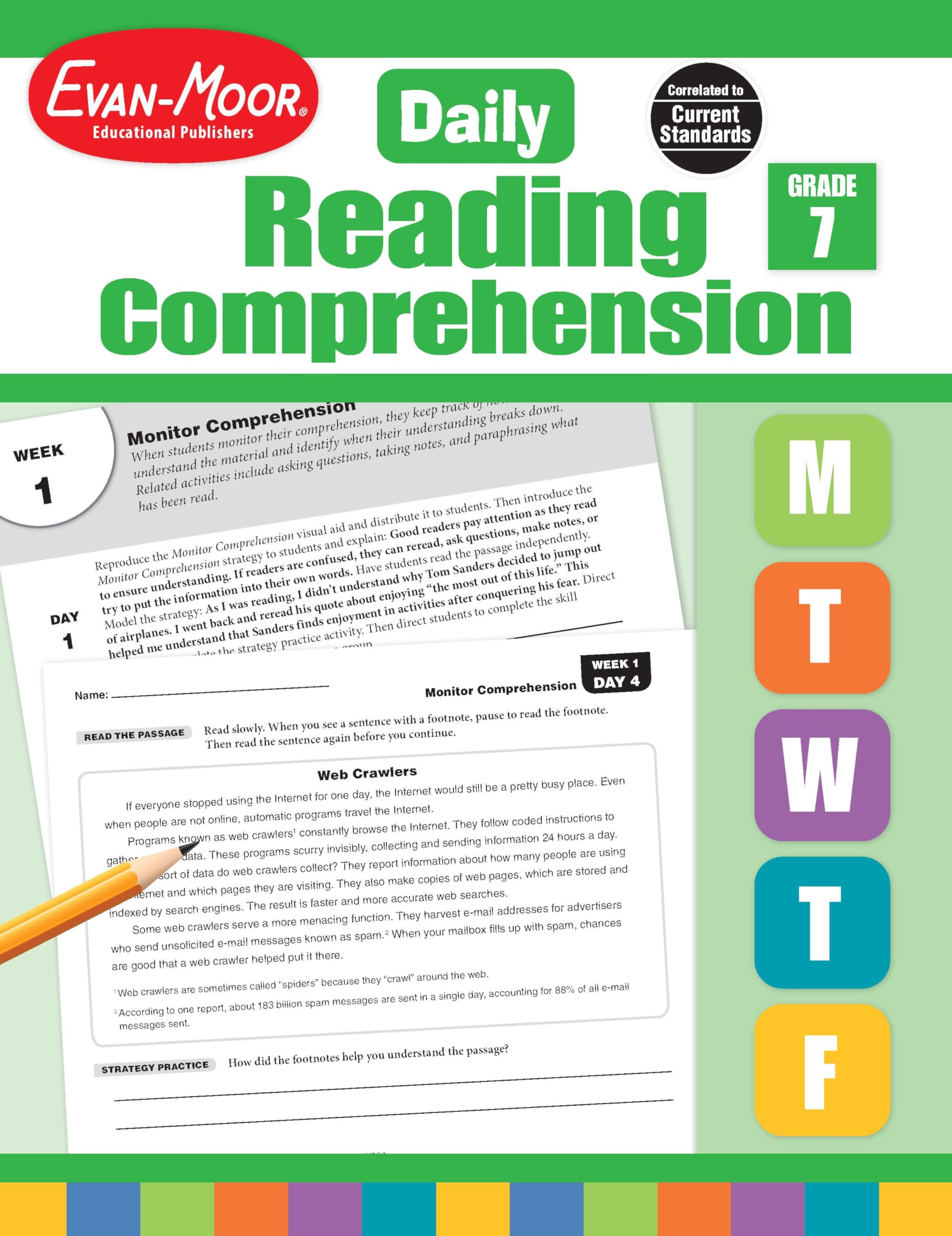 Evan-Moor Daily Reading Comprehension, Grade 7 - Homeschooling & Classroom Resource Workbook, Reproducible Worksheets, Teaching Edition, Fiction and Nonfiction, Lesson Plans, Test Prep