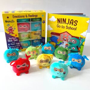 ninja life hacks emotions and feelings toy book box gift set (plush toys 1-8: angry ninja, positive ninja, kind ninja, helpful ninja, inventor ninja, grumpy ninja, lazy ninja, earth ninja)