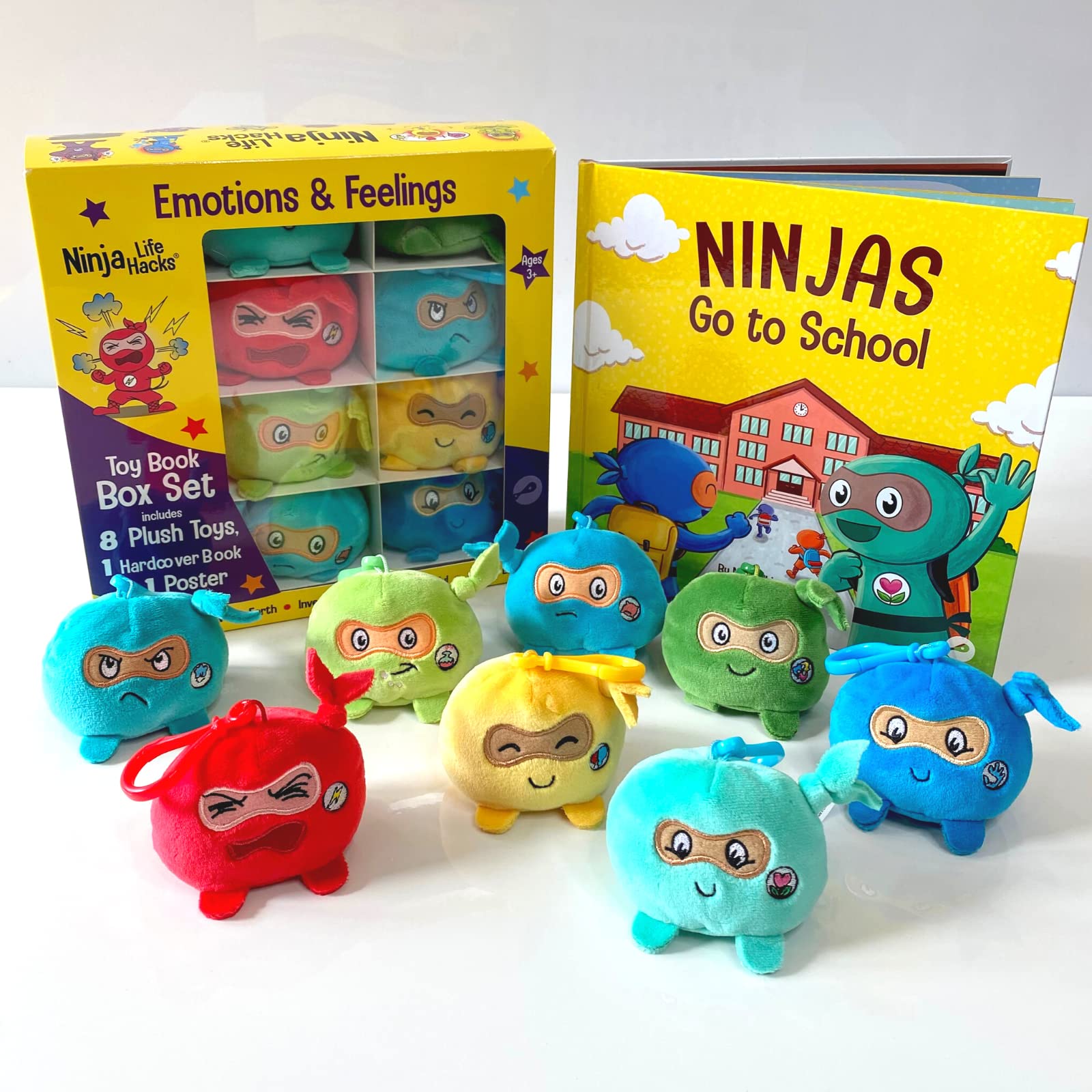 Ninja Life Hacks Emotions and Feelings Toy Book Box Gift Set (Plush Toys 1-8: Angry Ninja, Positive Ninja, Kind Ninja, Helpful Ninja, Inventor Ninja, Grumpy Ninja, Lazy Ninja, Earth Ninja)