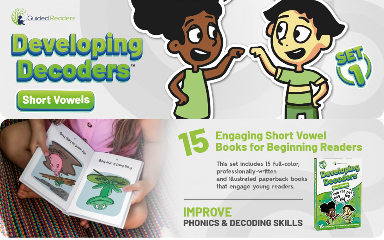 Decodable Readers: 15 Short Vowel Phonics Decodable Books for Beginning Readers Ages 4-7 Developing Decoders (Set 1)