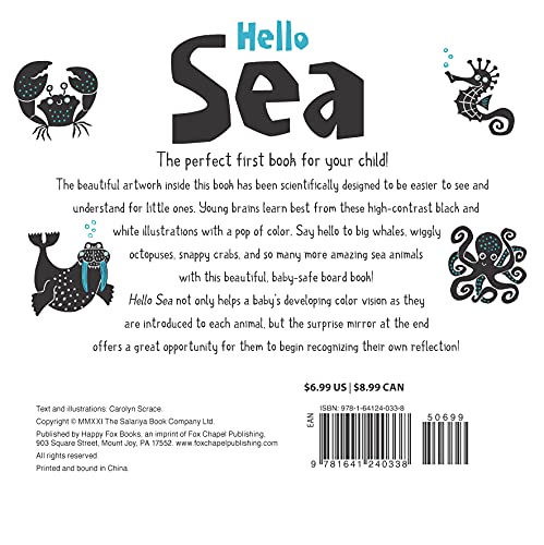 Hello Sea (Happy Fox Books) Baby's First Book, with High-Contrast Ocean Animals like an Octopus, Whale, Turtle, Seahorse, Crab, Fish, Starfish, Walrus, Shark, and Jellyfish, plus a Surprise Mirror