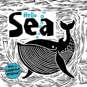 hello sea (happy fox books) baby's first book, with high-contrast ocean animals like an octopus, whale, turtle, seahorse, crab, fish, starfish, walrus, shark, and jellyfish, plus a surprise mirror