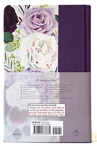 Biblia RVR1960 Tapa dura y tela morada con flores tamaño manual / Spanish Bible RVR 1960 Handy Size Large Print Hardcover Cloth with Purple Floral