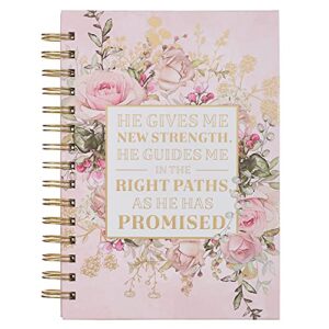 christian art gifts journal w/scripture he gives me new strength psalm 23:3 bible verse, pink floral 192 ruled pages, large hardcover notebook, wire bound