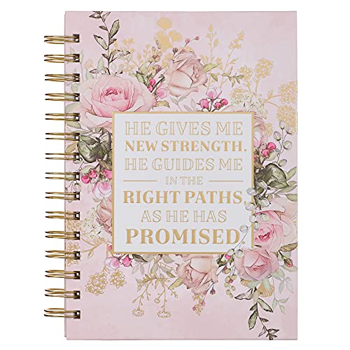 Christian Art Gifts Journal w/Scripture He Gives Me New Strength Psalm 23:3 Bible Verse, Pink Floral 192 Ruled Pages, Large Hardcover Notebook, Wire Bound