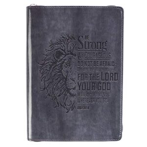 classic faux leather journal be strong and courageous lion joshua 1:9 bible verse gray inspirational notebook, lined pages w/scripture, ribbon marker, zipper closure