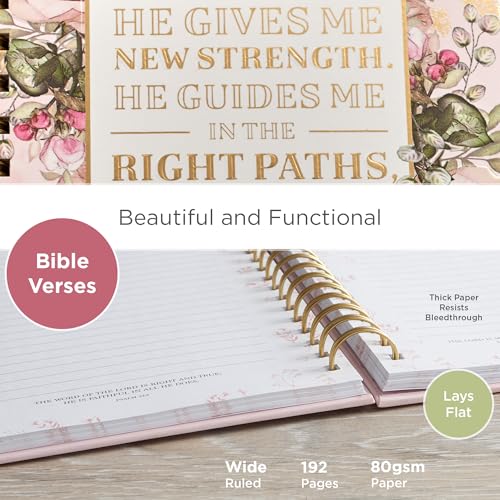 Christian Art Gifts Journal w/Scripture He Gives Me New Strength Psalm 23:3 Bible Verse, Pink Floral 192 Ruled Pages, Large Hardcover Notebook, Wire Bound