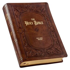 kjv study bible, large print faux leather - thumb index, king james version holy bible, art nouveau framed saddle tan