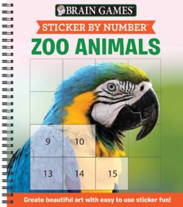 brain games - sticker by number: zoo animals (easy - square stickers): create beautiful art with easy to use sticker fun!