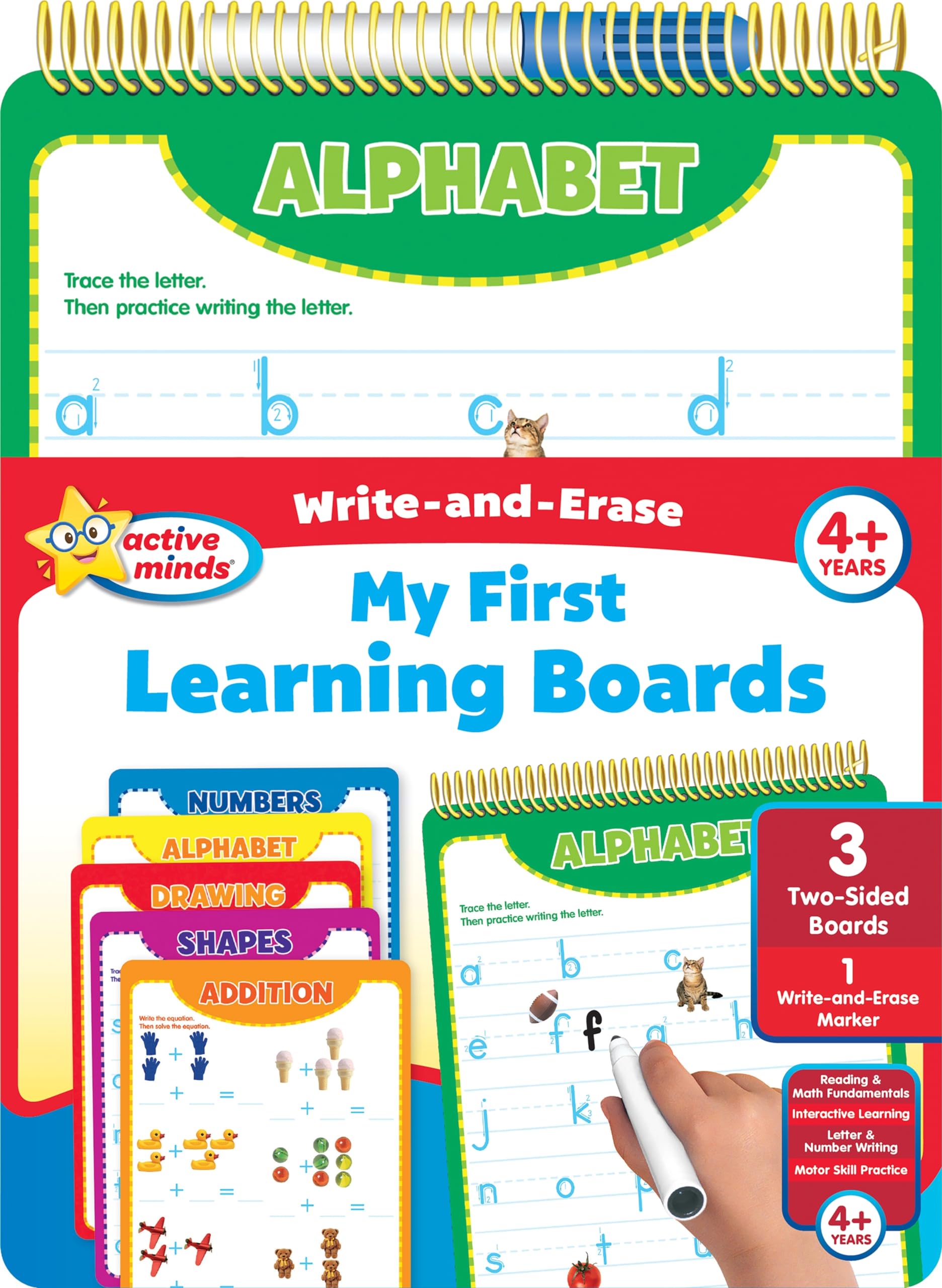 Active Minds - Write-and-Erase - Wipe Clean Learning Boards Ages 4+ - Numbers, Addition, Alphabet, Shapes, and Drawing