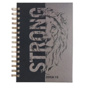 christian art gifts journal w/scripture strong lion joshua 1:9, black and gray 192 ruled pages, large hardcover notebook, wire bound