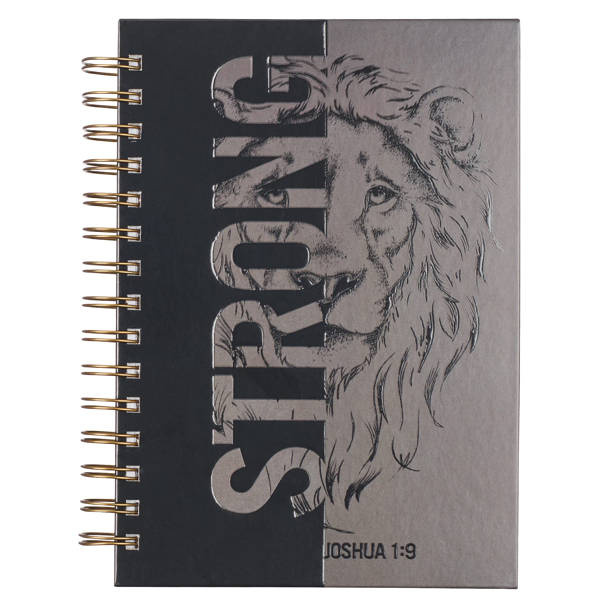 Christian Art Gifts Journal w/Scripture Strong Lion Joshua 1:9, Black and Gray 192 Ruled Pages, Large Hardcover Notebook, Wire Bound