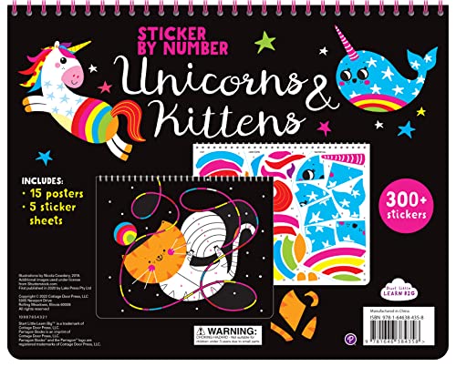 Sticker by Number Unicorns, Kittens, & More For Kids: 15 Pictures Include Kitten, Unicorn, Narwhal, Penguin, Owl, Flamingo and more!