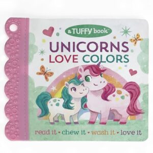 tuffy unicorns love colors book - washable, chewable, unrippable pages with hole for stroller or toy ring, teether tough, ages 0-3 (baby's unrippable) (a tuffy book)