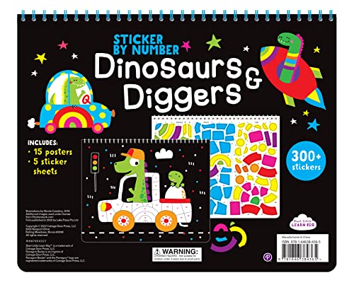 Sticker by Number Dinosaurs, Diggers, & More For Kids Ages 3 to 6: 15 Pictures Include Dinosaurs, Trucks, Cars, Rockets, Trains, Planes, and more!