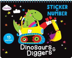 sticker by number dinosaurs, diggers, & more for kids ages 3 to 6: 15 pictures include dinosaurs, trucks, cars, rockets, trains, planes, and more!