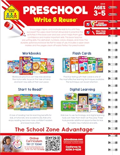 School Zone Write & Reuse Workbook for Preschool: Reusable Wipe-Clean Spiral Bound Learn and Practice Writing Book, Dry Erase Marker, ABC’s, Shapes, and More