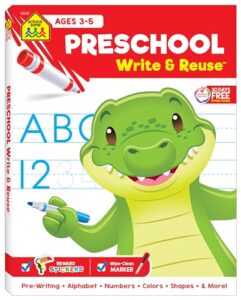 school zone write & reuse workbook for preschool: reusable wipe-clean spiral bound learn and practice writing book, dry erase marker, abc’s, shapes, and more