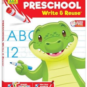 School Zone Write & Reuse Workbook for Preschool: Reusable Wipe-Clean Spiral Bound Learn and Practice Writing Book, Dry Erase Marker, ABC’s, Shapes, and More